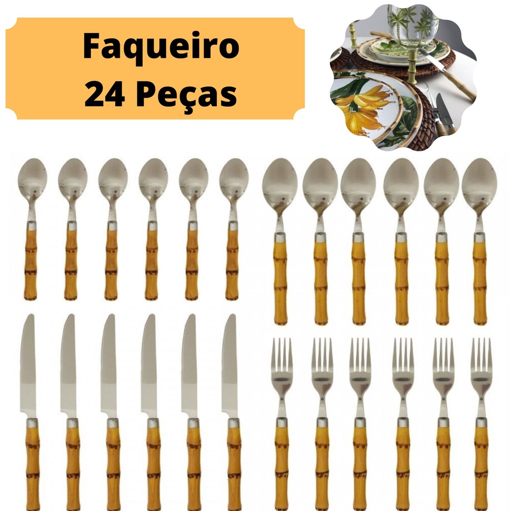 Faqueiro Bambu Talheres Completo 24 Peças Aço Inox Bambu | Shopee Brasil