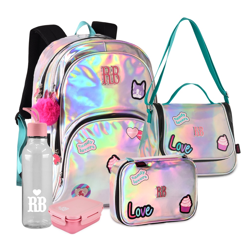 Kit Rebecca Bonbon Coleção Holográfica Mochila Estojo Lancheira Squeeze ...