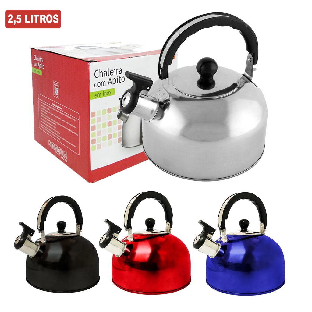 Chaleira Inox 2,5 Litros Colorida Com Apito e Alça Termica Chá Café ...