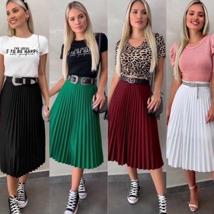 Saia Plissada Midi Moda Evangelica Com Forro Varias Cores - Escorrega o ...