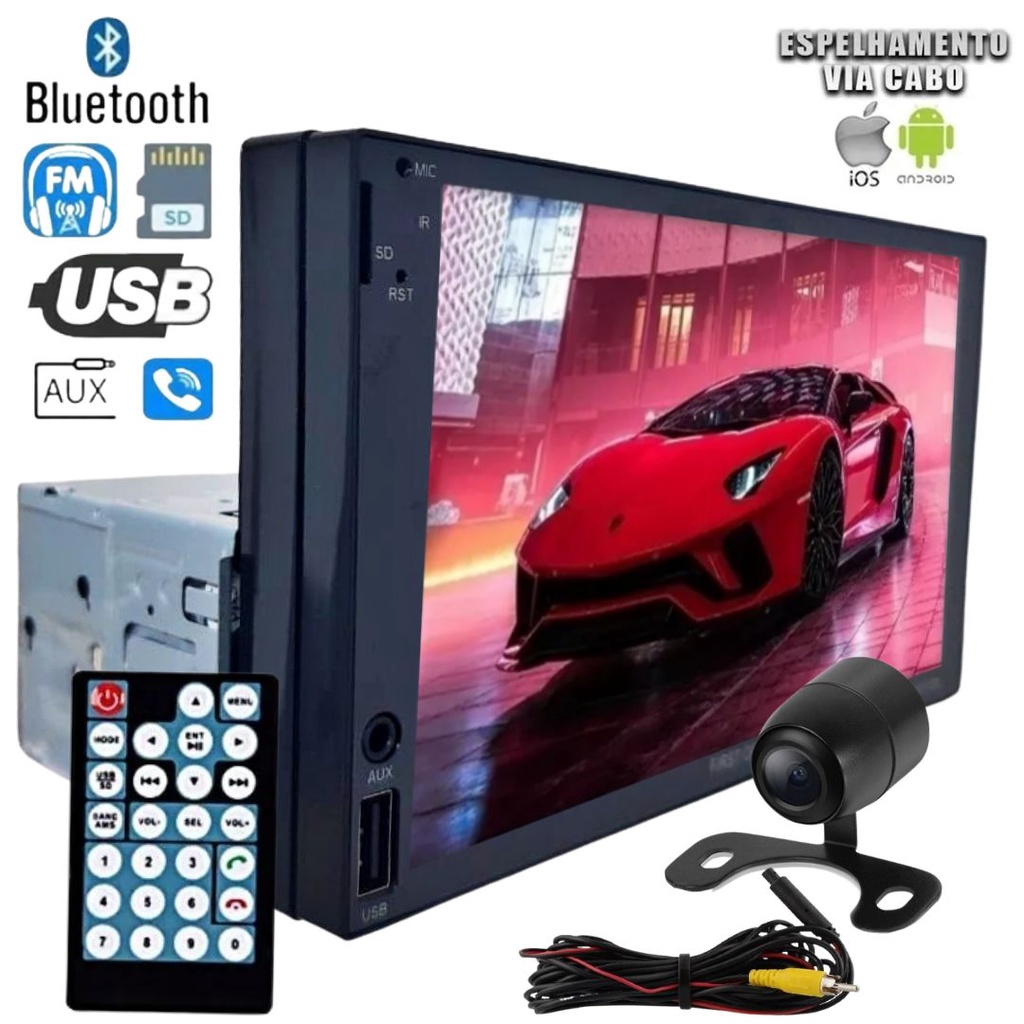 Central Multimídia Mp5 Tela 7 Polegadas 1 Din Bt Aux Fm Mic Usb Espelhamento Android/ios Touch ...