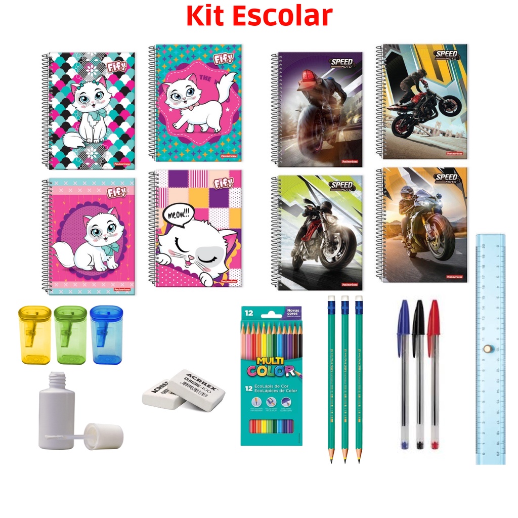 Kit material Escolar Faculdades Completos caderno Lápis De Cor Caneta ...
