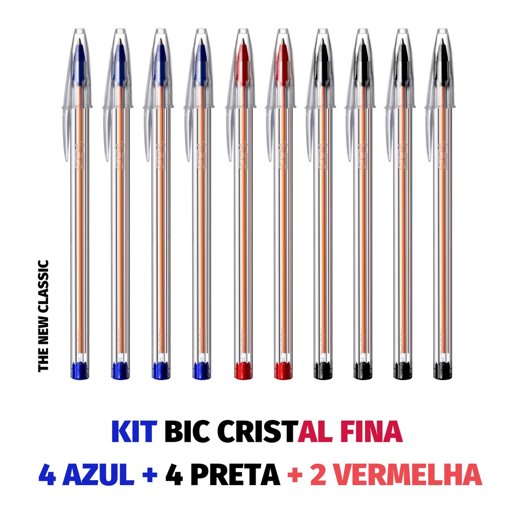 Kit 10 Caneta Bic Cristal Fina - Preta, Azul e Vermelha | Shopee Brasil