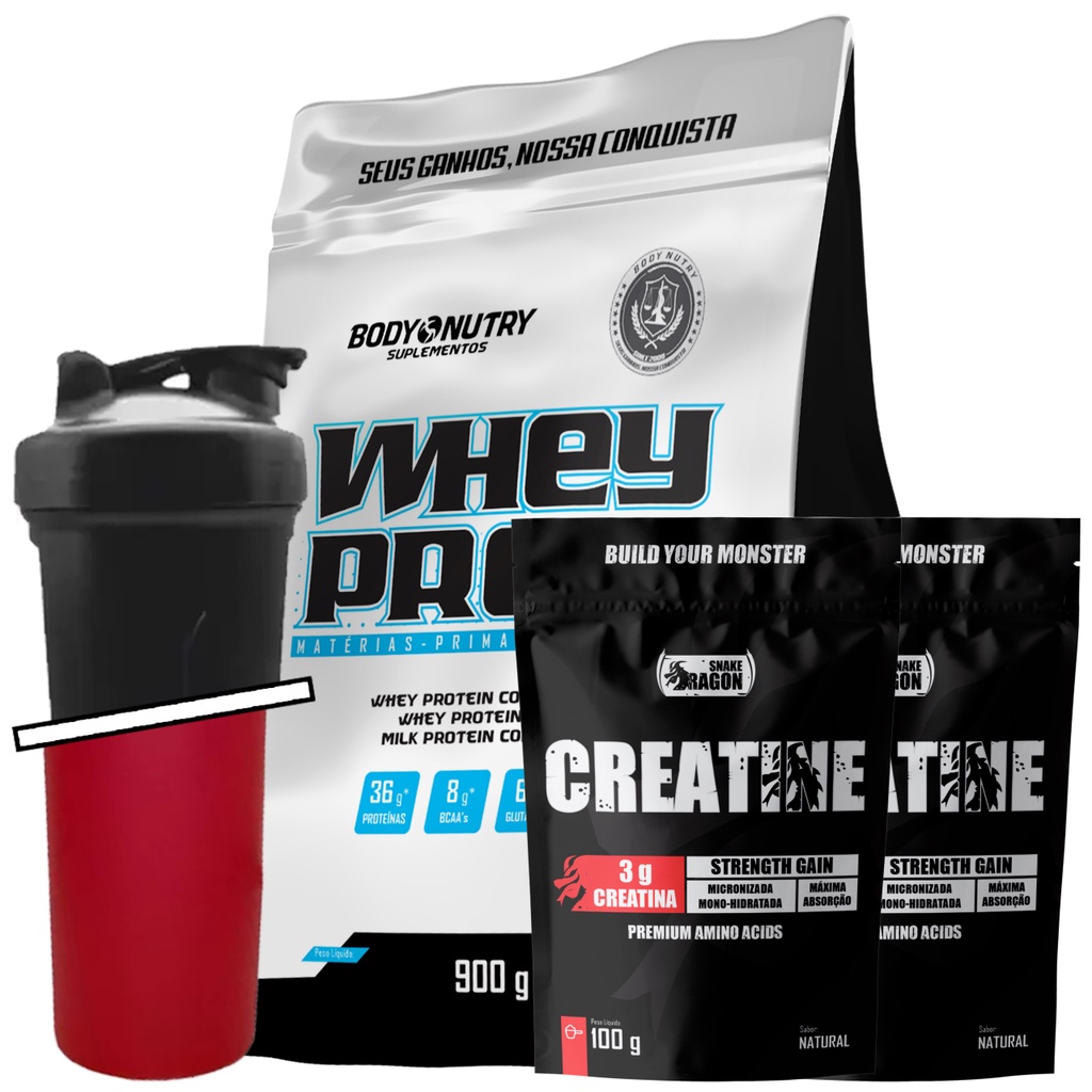 Kit Whey Protein 900g + x2 Creatina 100g + Coqueteleira - Escorrega o Preço