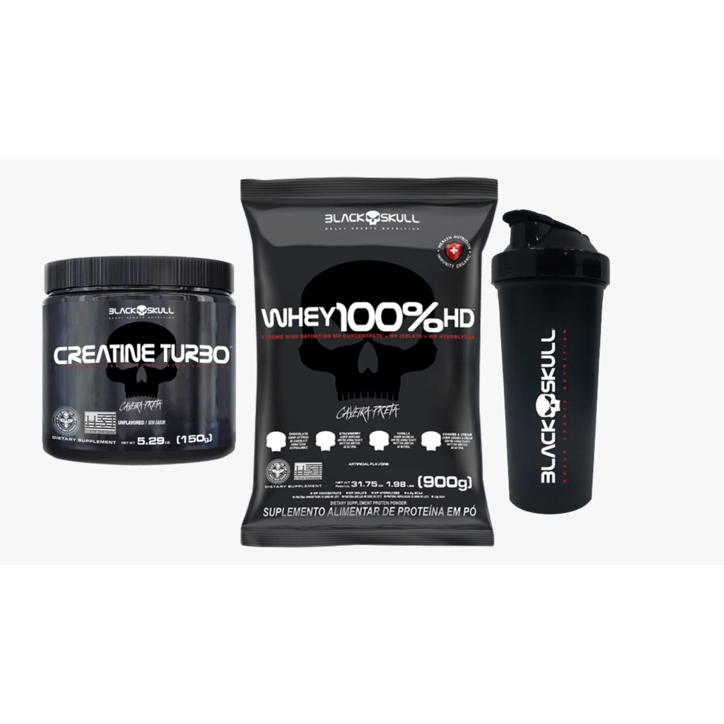 Kit 1x Whey 100% Hd Refil 900g + 1x Creatine Turbo 150g + 1x Coqueteleira 600ml - BlackSkull ...