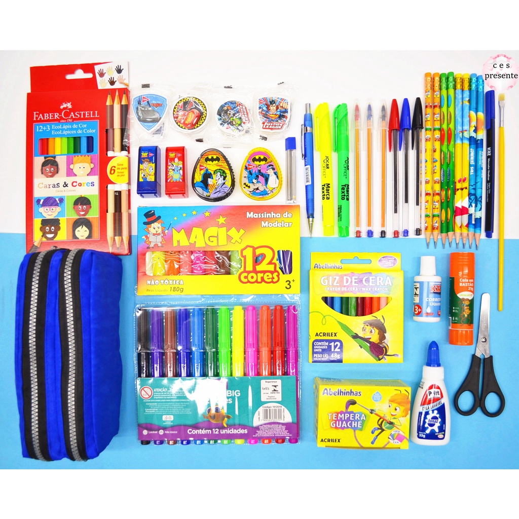 Kit Material Escolar 38 Itens Infantil Menino Completo Com Estojo ...