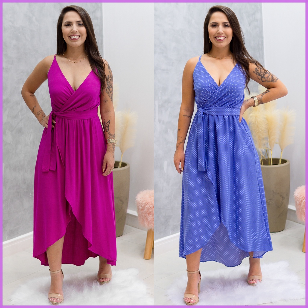 Vestido Feminino Longo Transpassado com Forro modelo Midi | Shopee Brasil