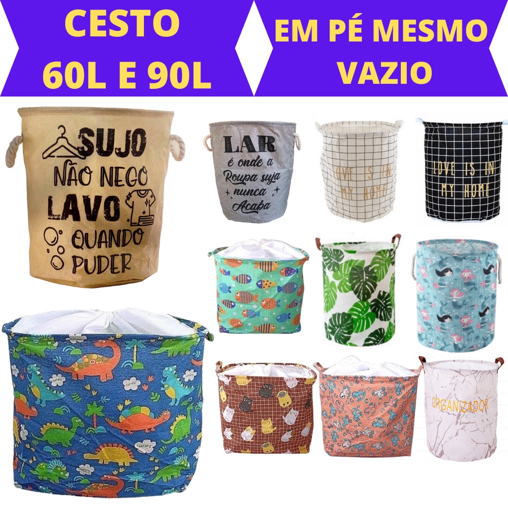 Cesto Organizador De Brinquedo Roupa Suja Dobrável 60 Litros 90 Litros ...