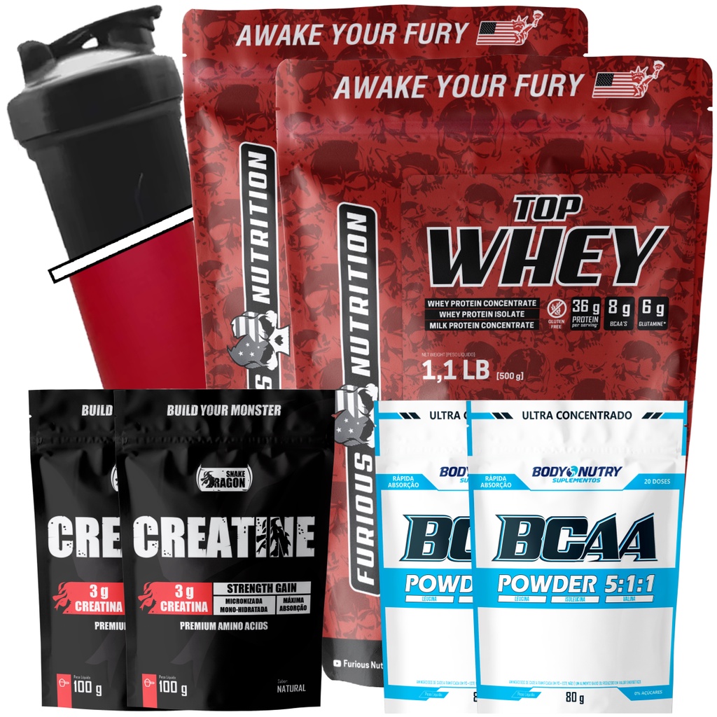 Kit 2x TOP Whey Protein + 2x Bcaa 80g + 2x Creatina 100g + Coqueteleira ...