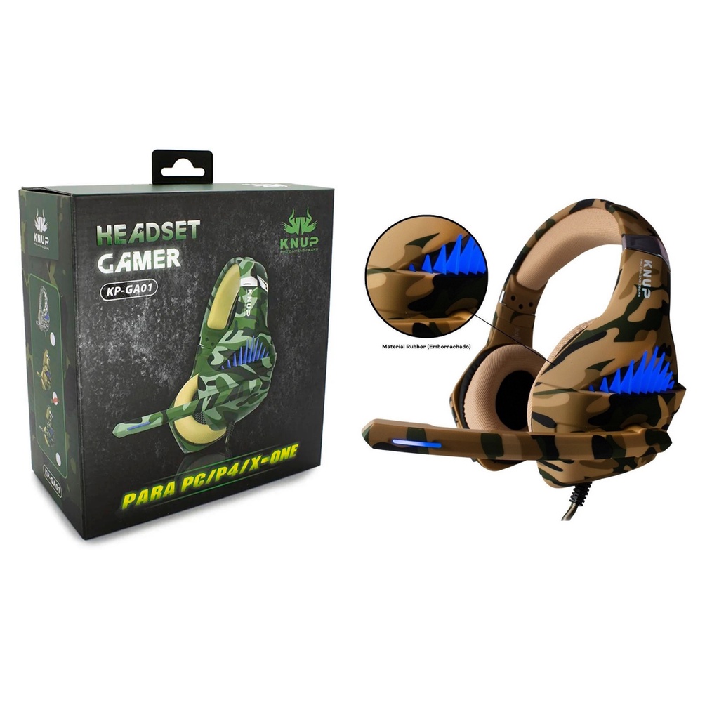 Fone De Ouvido Headset Gamer Led Azul P2 Usb Camuflado knup | Shopee Brasil