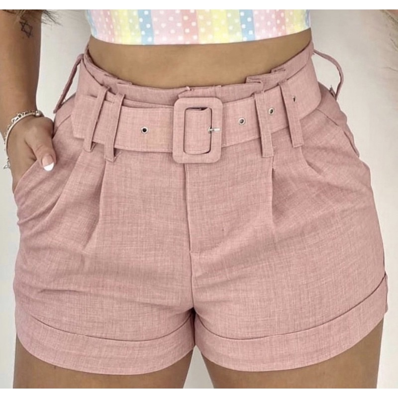 Short Social Feminino Alfaiataria Cintura Alta Luxo com Cinto Forrado ...