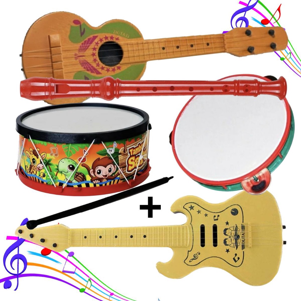 Kit Musical Brinquedos Educativo C/4 Instrumentos Tambor Violão pandeiro Flauta Infantil ...