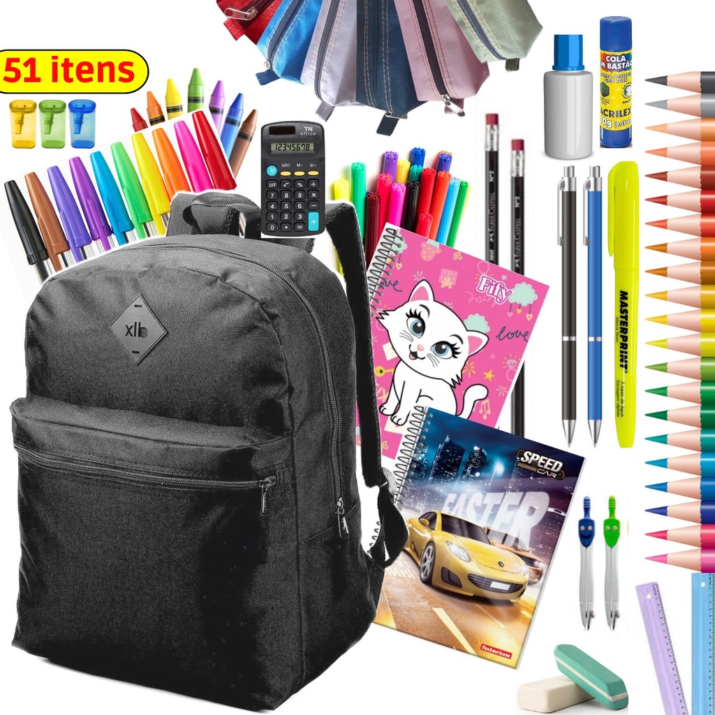 Mochila Kit Material Escolar Caderno Lápis Ensino Médio Ensino ...