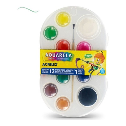 Tinta Escolar Aquarela na Bandeja/ Paleta / 12 Pastilhas E 1 Pincel ...