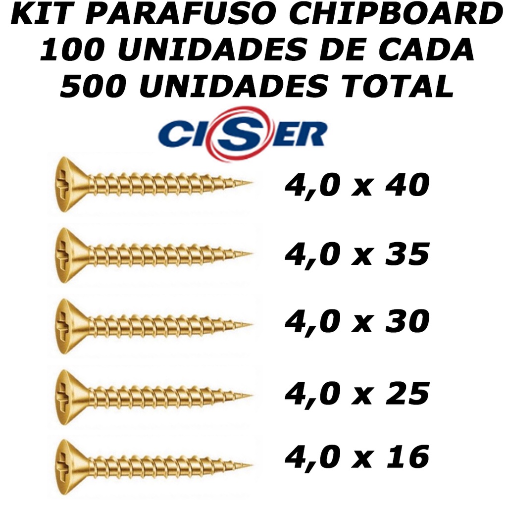 KIT Parafusos Ciser 5 Medidas diferentes 100 Unidades de Cada 500 peças ...