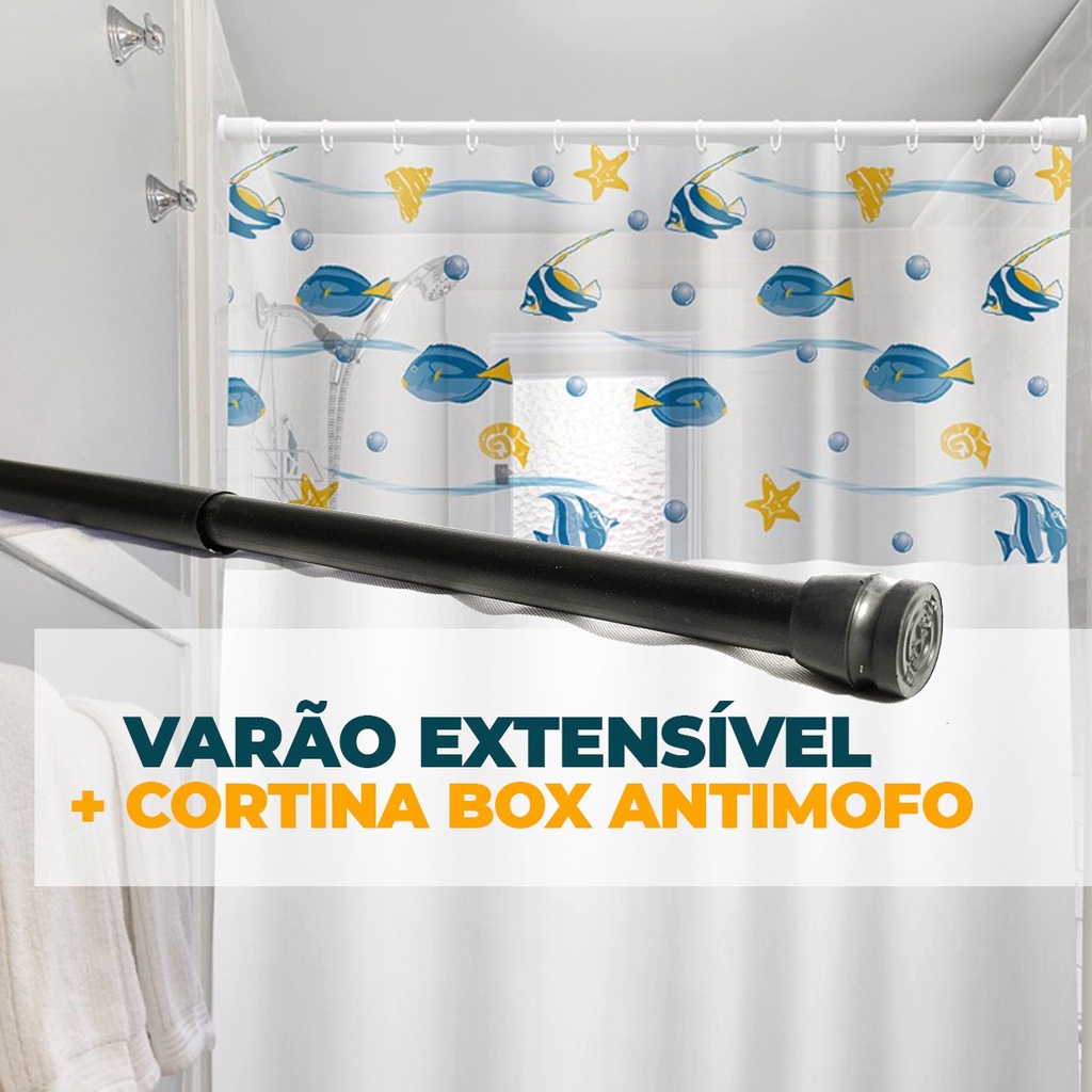 Varão Extensível Preto + Cortina Box Com Visor Transparente Em PVC Para ...