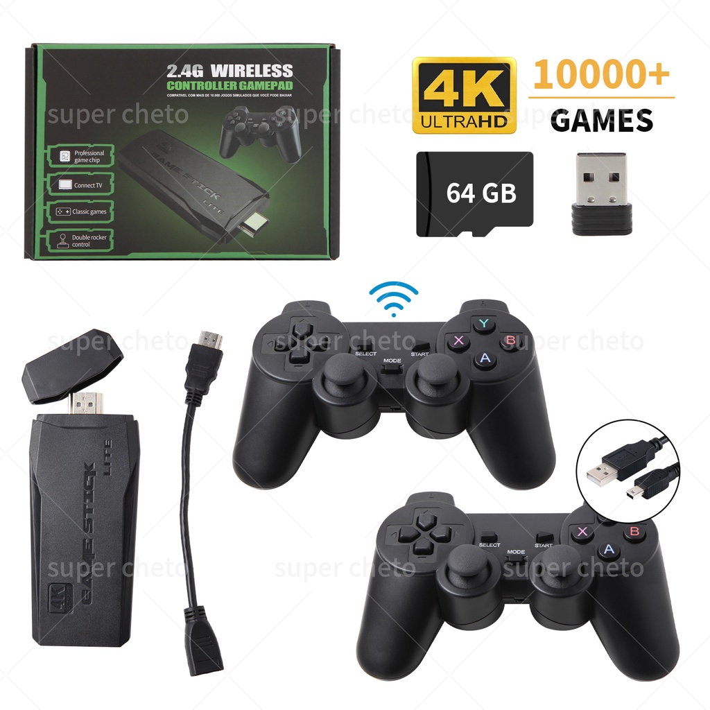 Videogame Stick 4K 32gb 64gb 2 Controles Sem Fio Console Portatil Jogos Retro Antigo | Shopee Brasil