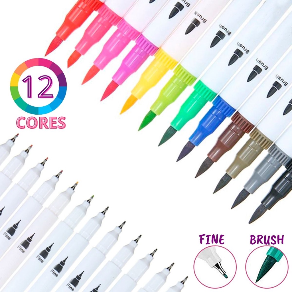 12 Canetas Brush Pen Ponta Dupla Para Lettering Fine Line 0.4mm e 1mm ...