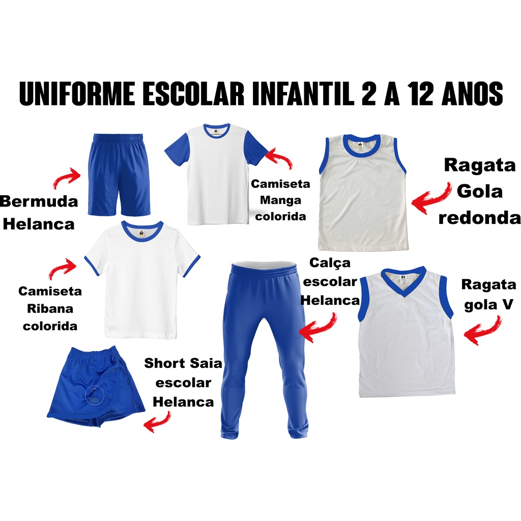 Uniformes Escolar Azul Royal Infantil Calça helanca Unisex Camisa malha ...