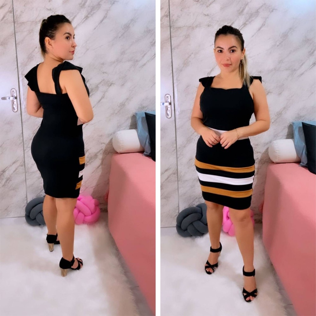 Vestido Crepe Preto Ombro a Ombro com listra Branca | Shopee Brasil