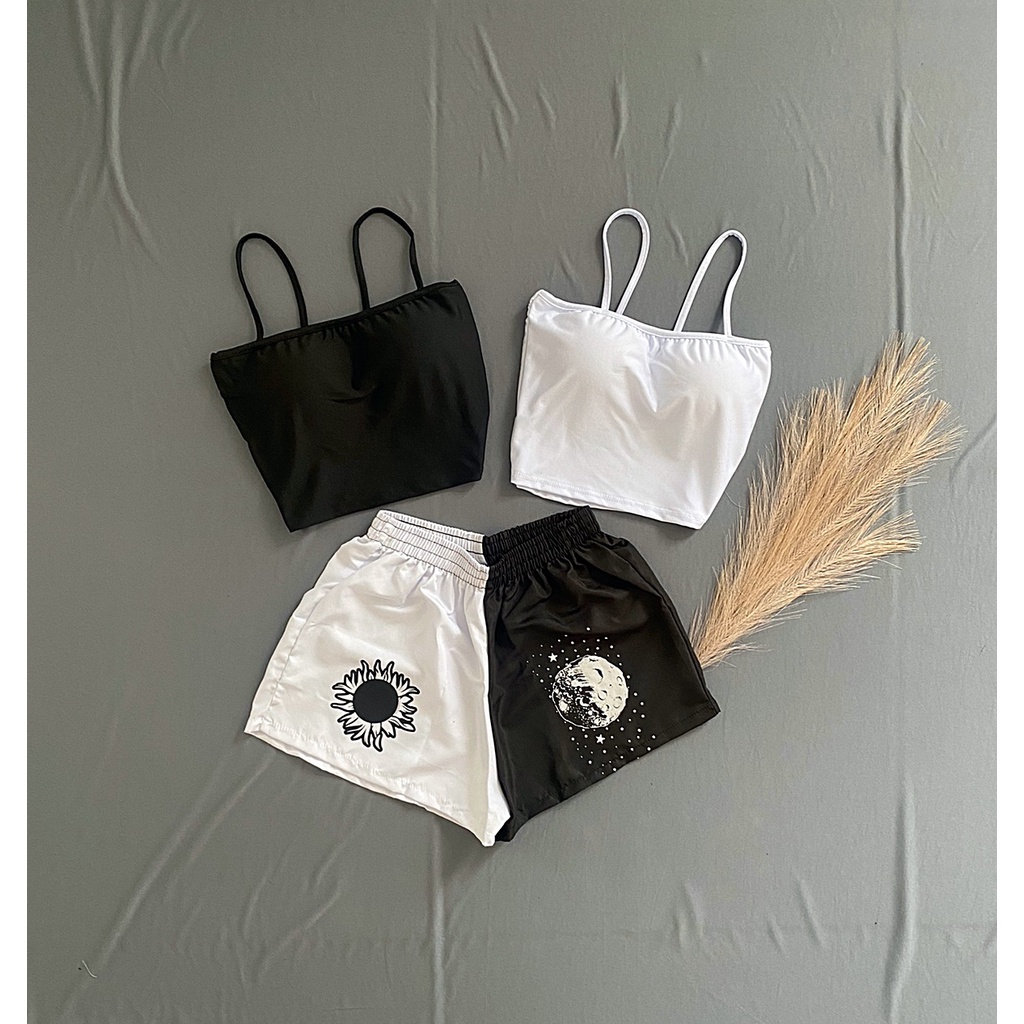 Conjunto Street - Short Sol e Lua preto e branco e Cropped alcinha com bojo | Shopee Brasil