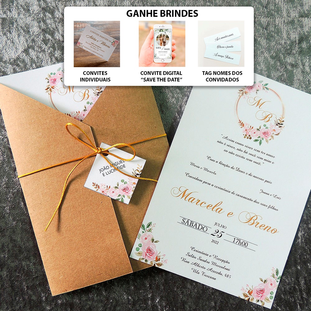 Kit com 50 Convites de Casamento Personalizado Rústico Kraft + 50 ...