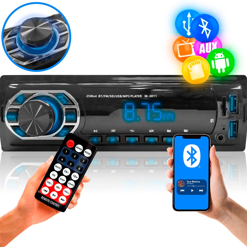 Som Automotivo Rádio para Carro Acessórios para Veículo 2 USB Carrega Celular Bluetooth Leitor ...