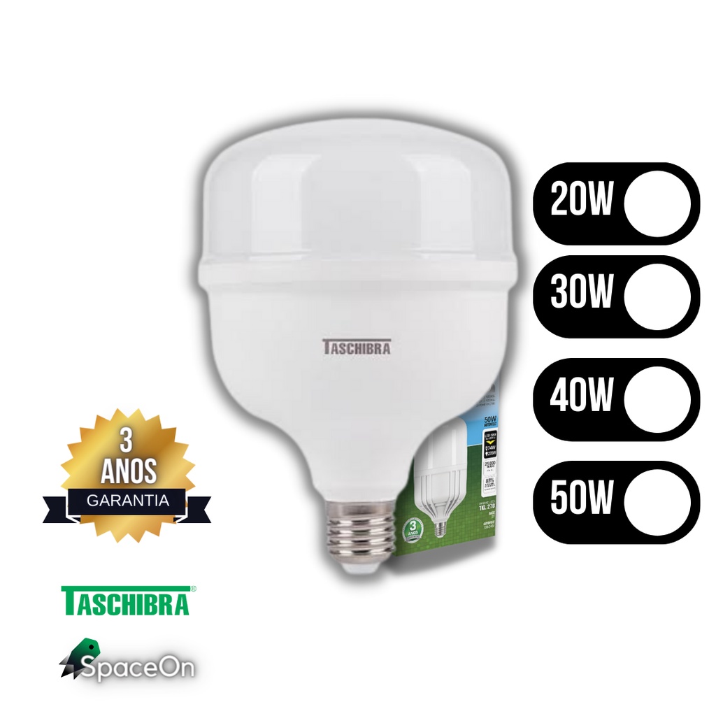 Lâmpada Led Bulbo 20w, 30w, 40w, 50w E27 Bivolt Branco Frio 6500K Alta Potencia Taschibra ...