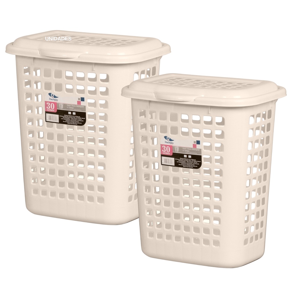Kit 2 Cestos Telados P/ Roupas C/ Tampa 30l Organizador Lavanderia ...