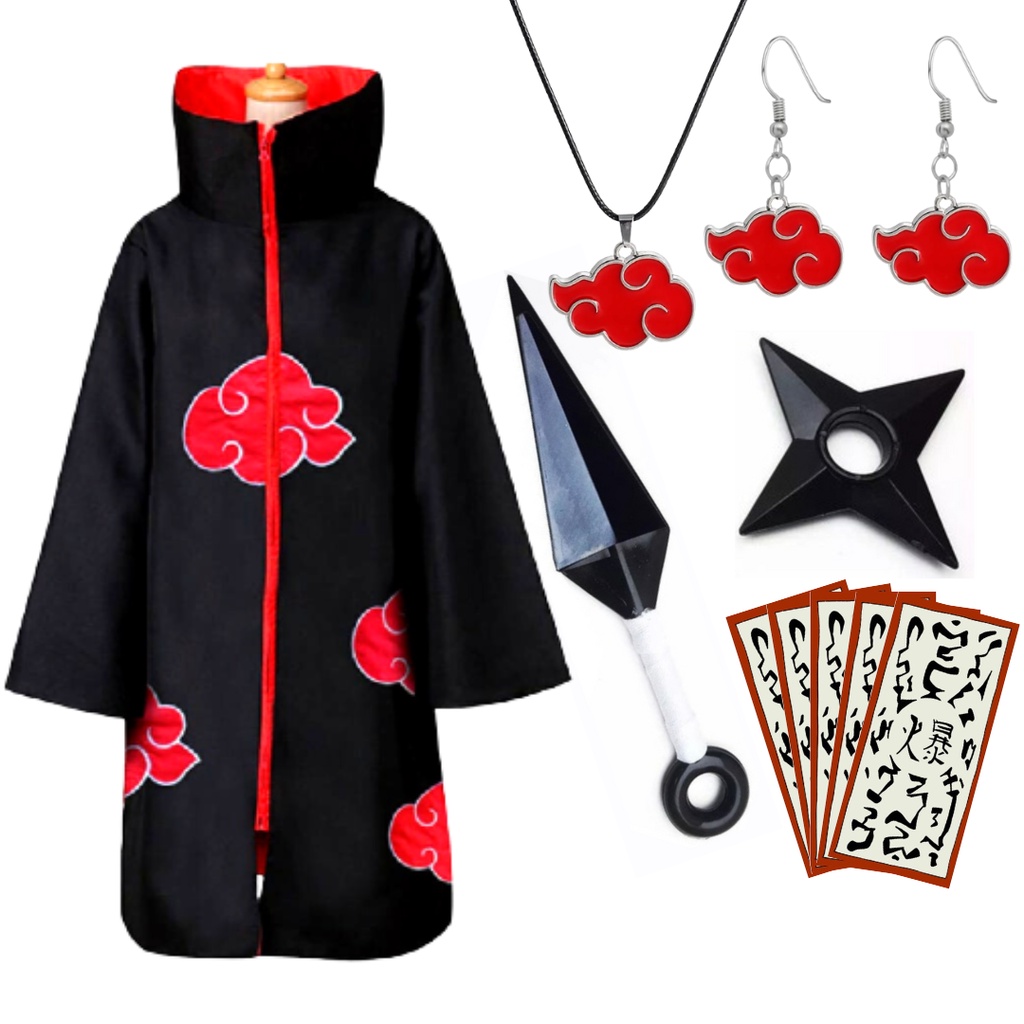 Roupa Manto Akatsuki Kit Kunai Colar Shuriquen Brinco Anime Naruto ...