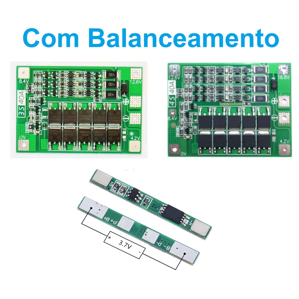 Placa Bms Proteção 1S 3A, 3S / 4s 40a com Balanceamento 3.7V 4.2V 11.1V ...