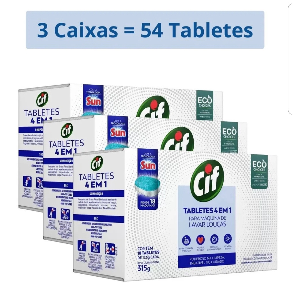 Kit 3cx Detergente Lava-louças Cif 4 Em 1 - 54 Tabletes >> Promoção