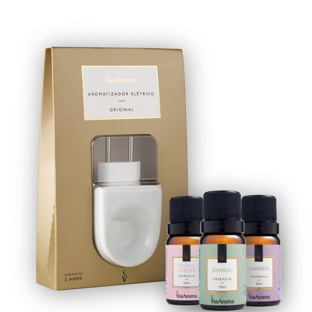 Kit Aromatizador Difusor Elétrico Original + 3 Essências Via Aroma (Bamboo, Lavanda e Peônia ...