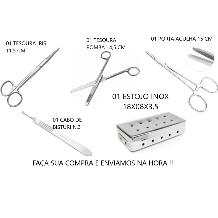Kit Instrumental inox com cabos de bisturi e tesouras Profissional ...