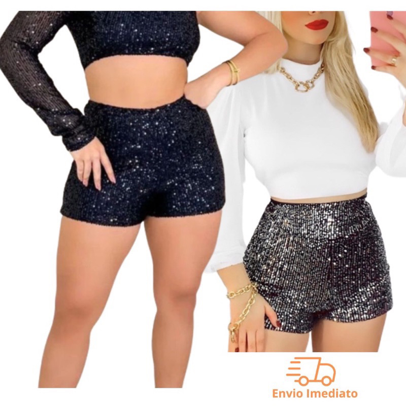 Short Paete Brilho Lantejoulas feminino Short Forrado com Ziper ...