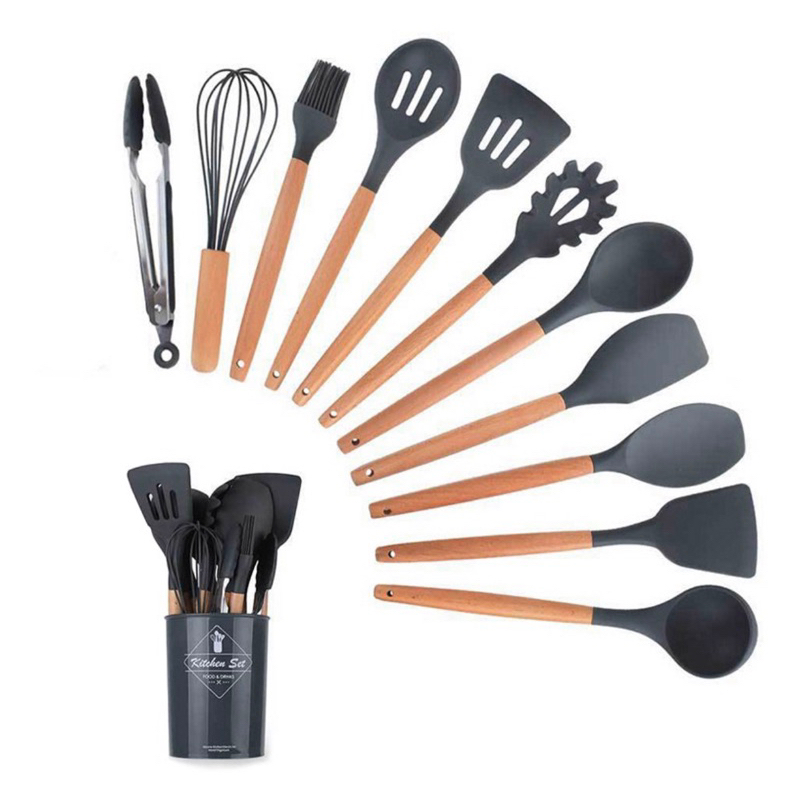 Kit 12 Utensílios De Cozinha Em Silicone Preto E Cabo De Madeira ...
