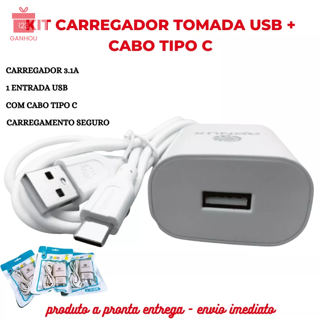 KIT CARREGADOR TOMADA 1 USB 3.1A COM CABO TIPO C RENUX 8016C | Shopee Brasil