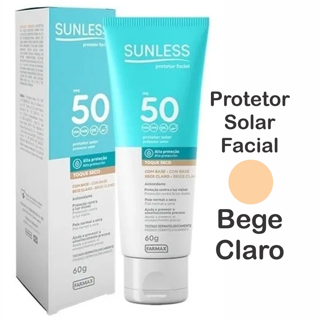 Protetor Solar Facial Sunless FPS 50 Farmax Com Base Bege Claro 60g ...