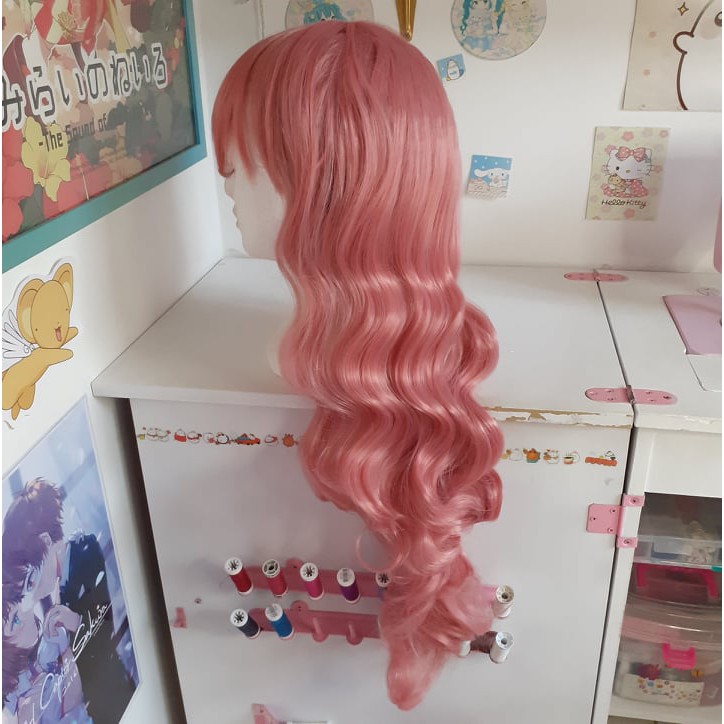 Peruca Rosa Comprida 80cm Cacheada Super Bonita +Wig Cap (Cosplay ...