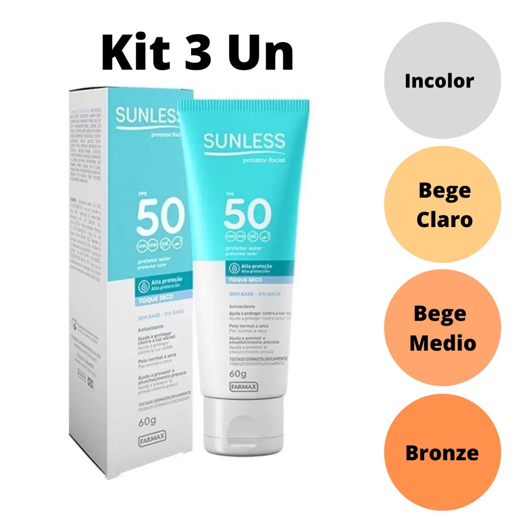 KIT 3 UN PROTETOR SOLAR FACIAL FPS50 SUNLESS 60G INCOLOR BEGE CLARO ...