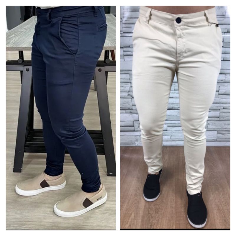 Kit 02 Calça Masculina Sarja Alfaiataria Skinny Bolso Faca Escorrega