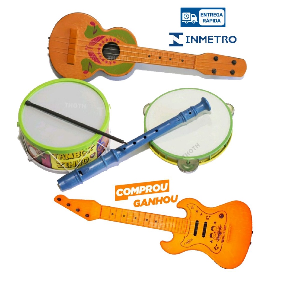 Kit Musical Brinquedos Educativo C/4 Instrumentos Tambor Violão pandeiro Flauta Infantil ...