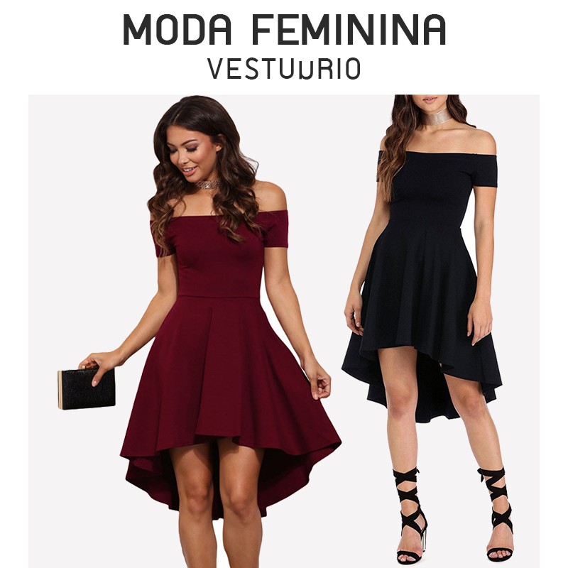 Vestido de Festa Off-Shoulder/Mangas Curtas/Decote Aberto/Vestido de ...