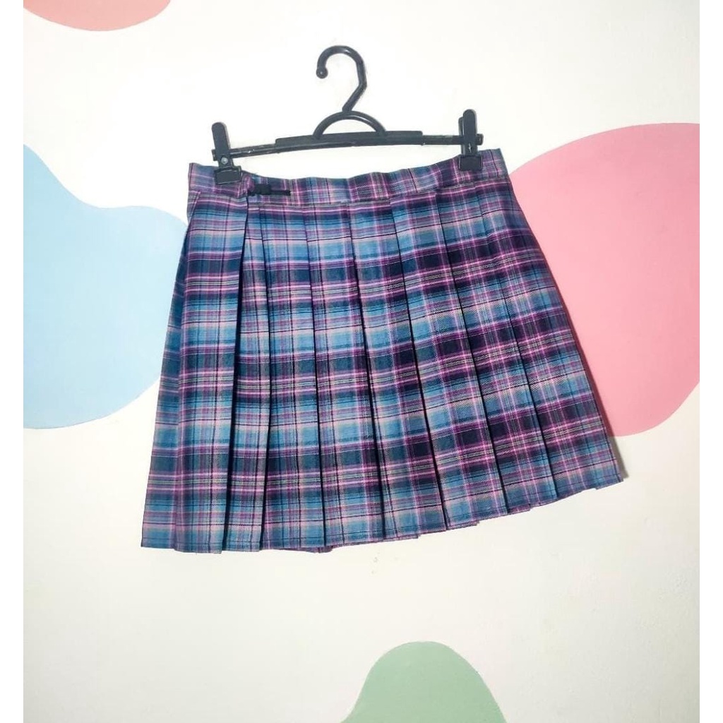 saia shein xadrez plissada quadriculada com pregas azul roxo aesthetic kpop indie kid kidcore ...