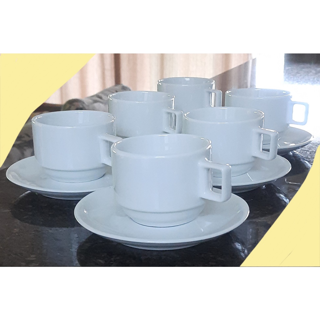Jogo 6 xícaras de Café e Chá com pires - 150 ml Empilháveis - Porcelana branca | Shopee Brasil