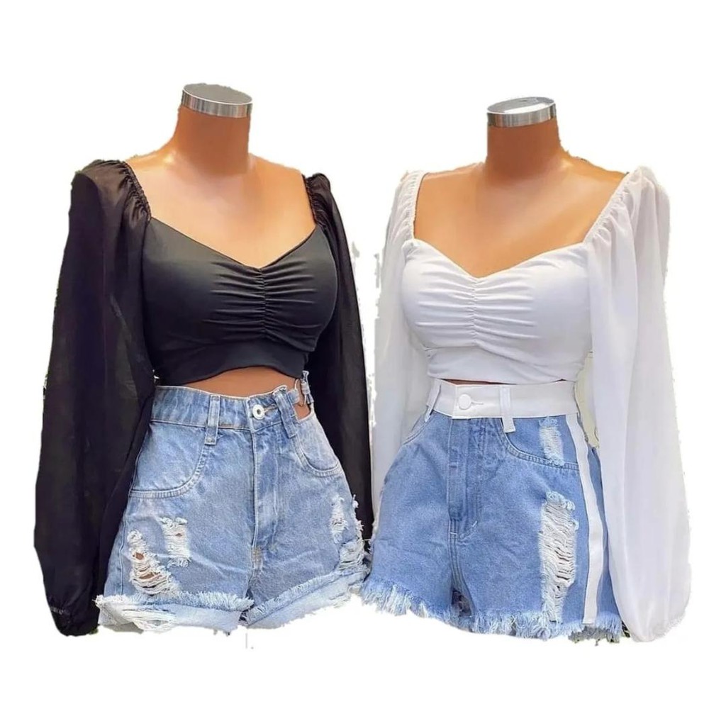 Croped Da Moda Manga Tule Bufante | Shopee Brasil