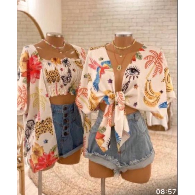 Kimono gringo praia Conjunto 2 peças Kimono gringo praia blusa botões ...