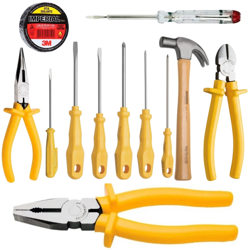 Kit Ferramenta 12 Peças Alicate Universal, Corte, Bico, Martelo, Chave ...