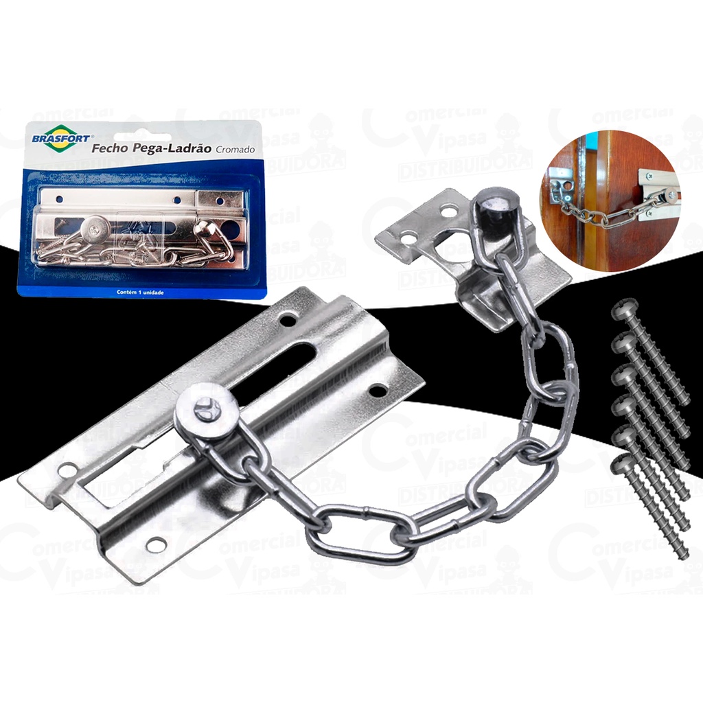Fecho de Porta Pega Ladrão Cromado com Corrente Em Aço Carbono Para ...