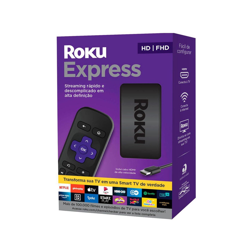 Roku Express Streaming Player Full HD + Controle Remoto e Cabo HDMI ...